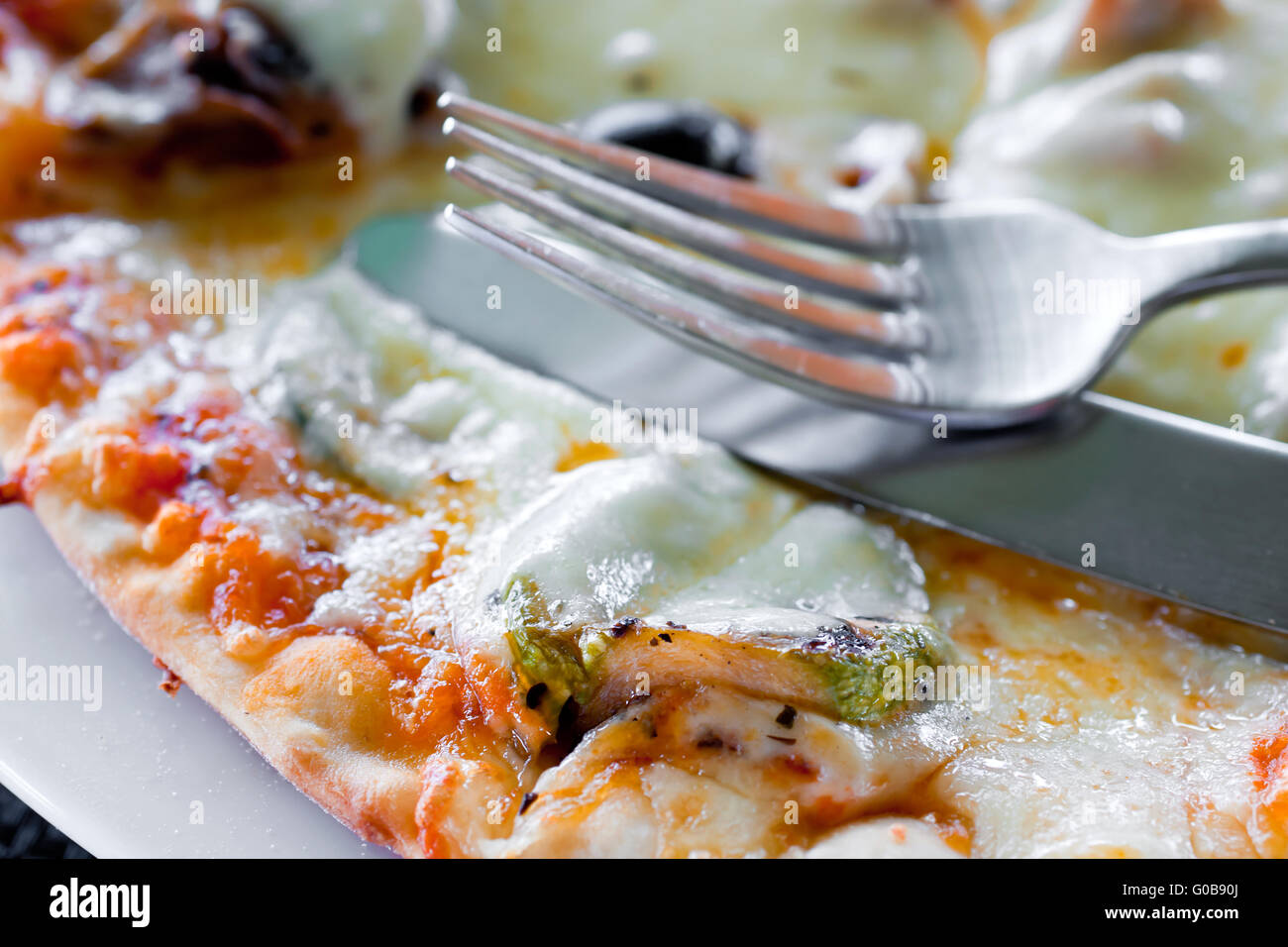 close-up picture of a crispy pizza-edge with fork Stock Photo - Alamy