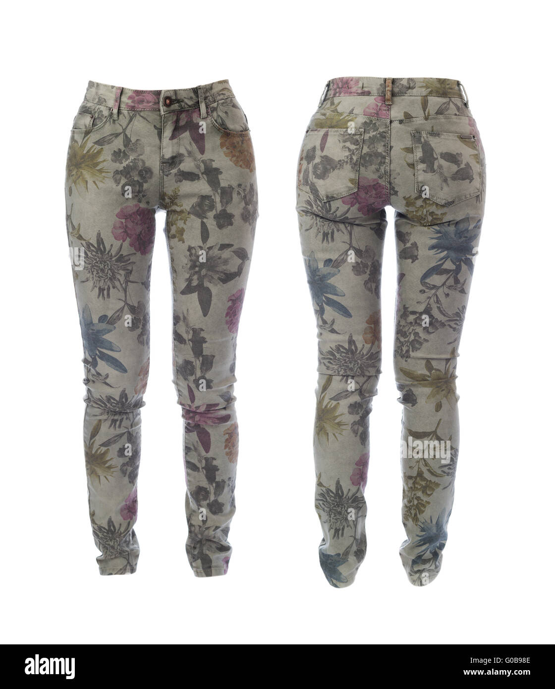 Collage of women's jeans with floral pattern. Isolate on white. The ...