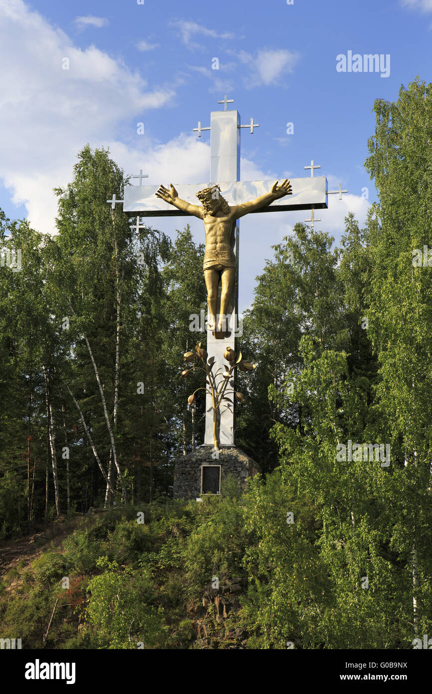 Cross with the crucifixion. Katun River Island Stock Photo - Alamy