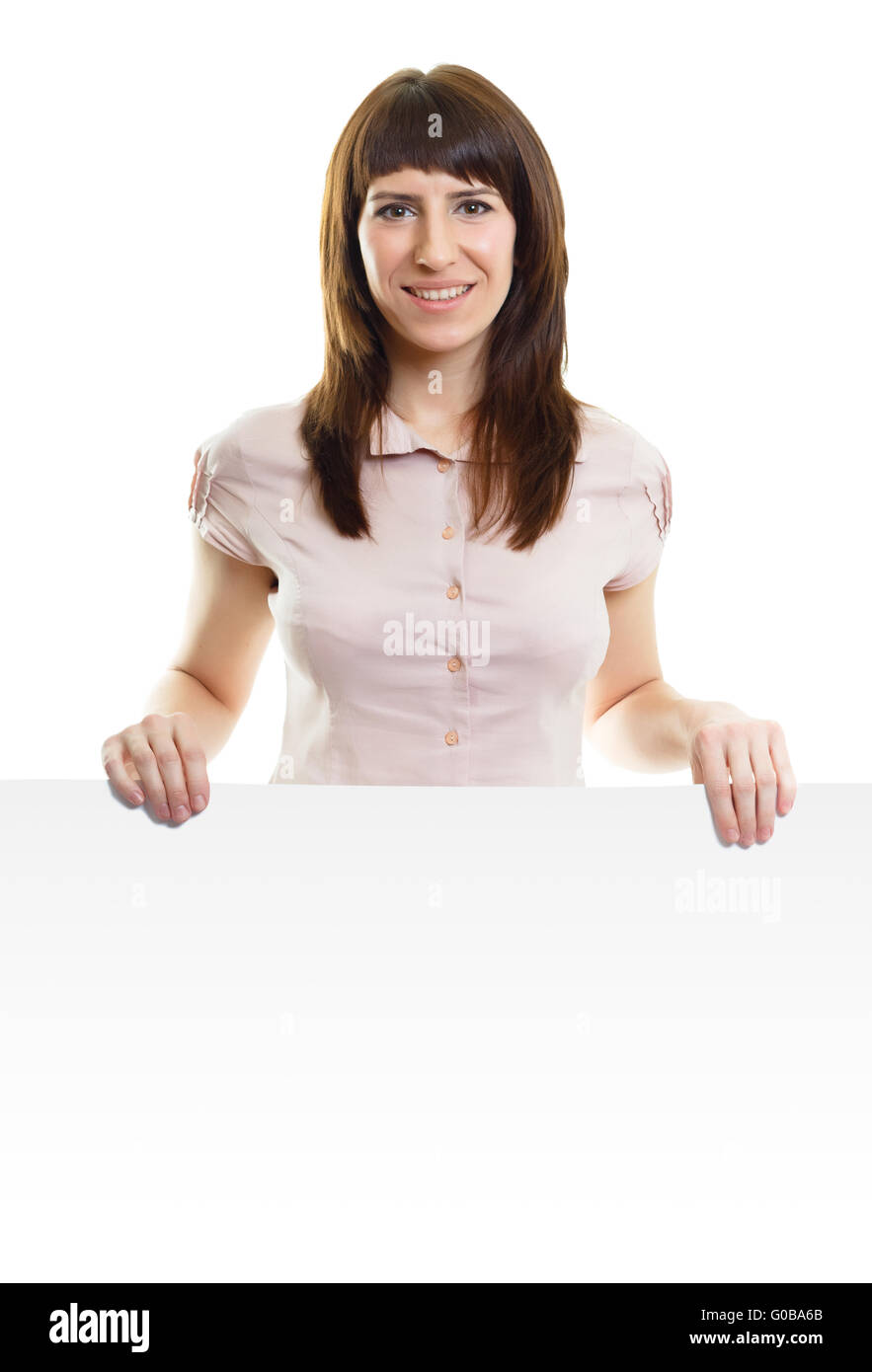 Attractive young woman with a poster on an isolated white Stock Photo ...