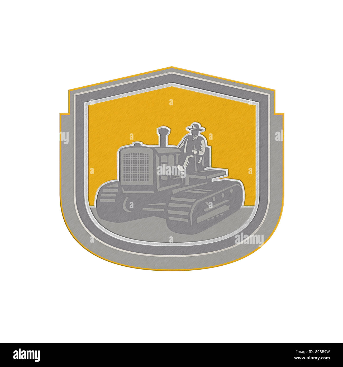 Metallic Farmer Driving Tractor Plowing Farm Shield Retrometallic, 3d ...