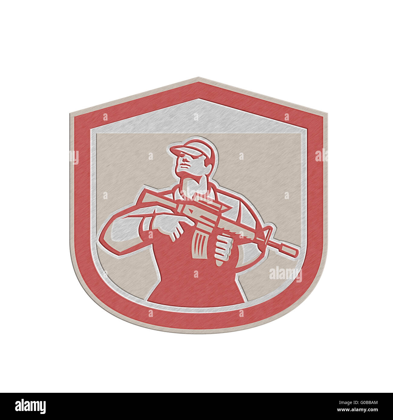 Metallic Soldier Military Serviceman Holding Assault Rifle Crest Retro ...
