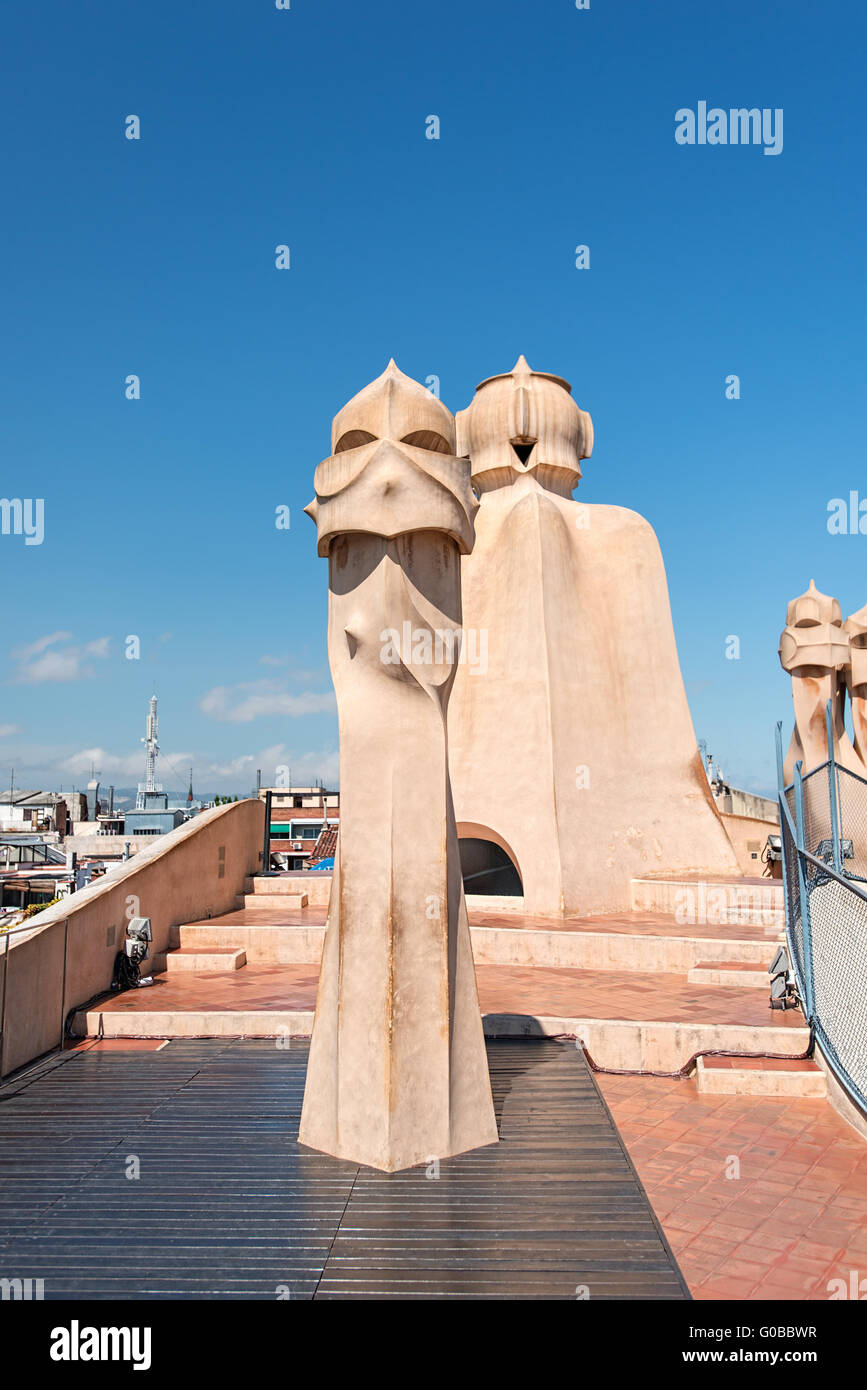 Casa Mila chimneys shaped as anthropomorphic soldiers created by Gaudi ...
