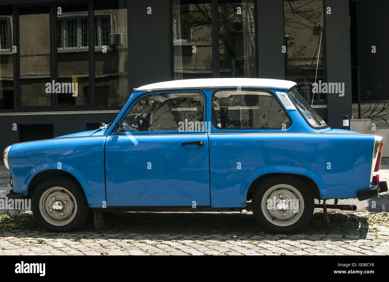 Blue vintage restored Trabant car on paved street Stock Photo - Alamy