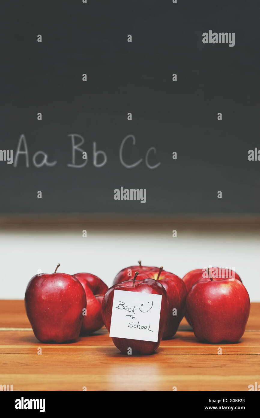Red apples with note on desk with blackboard in ba Stock Photo - Alamy