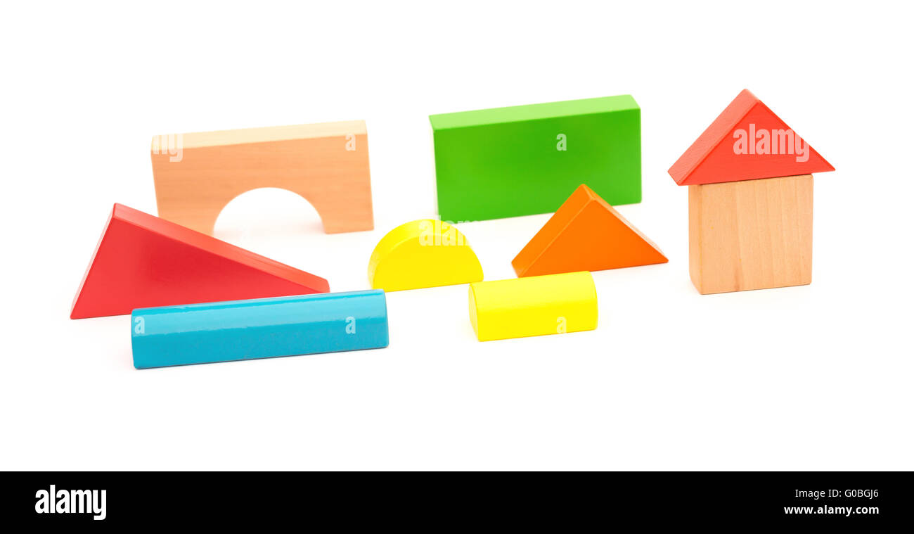 different color and shape wooden toy blocks on white background Stock ...