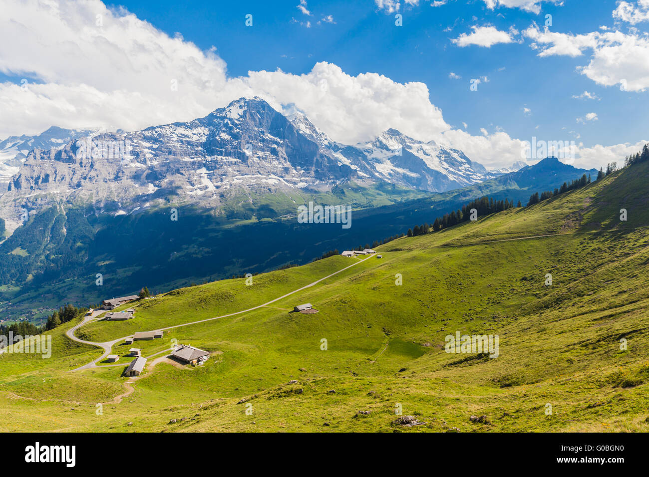 Panoramic view of famous peaks Eiger, Monch and Jungfrau, swiss alps on ...
