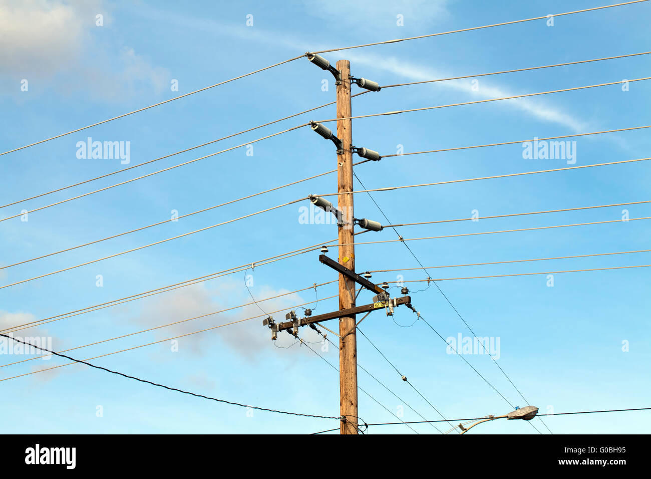 power pole against blue sky high voltage lines horizontal Stock Photo ...