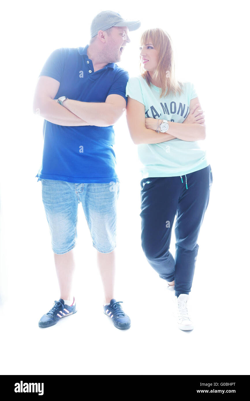 Full Body Young Man Laughing to Partner Stock Photo - Alamy