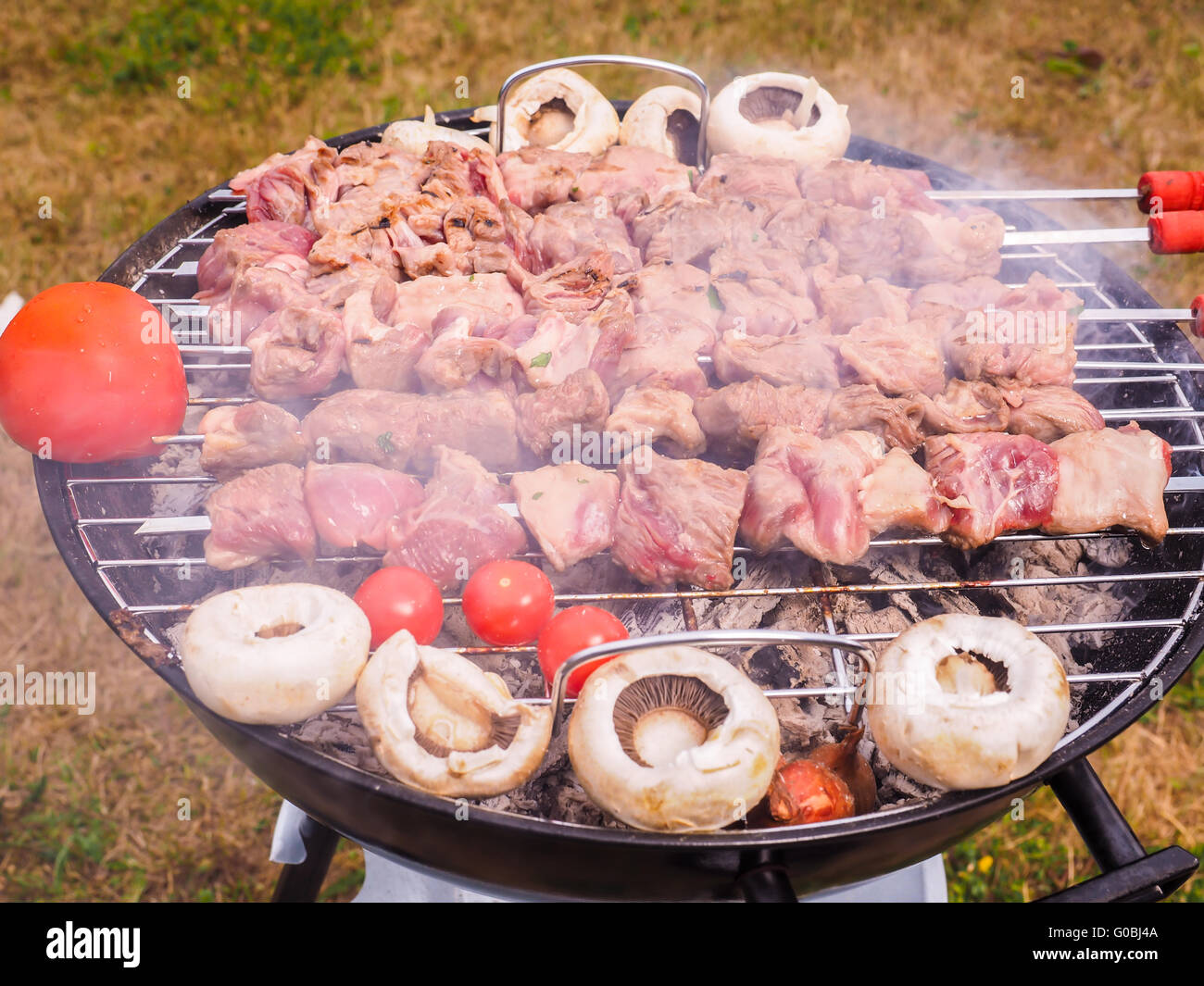 Kebab skewers on barbecue Stock Photo - Alamy