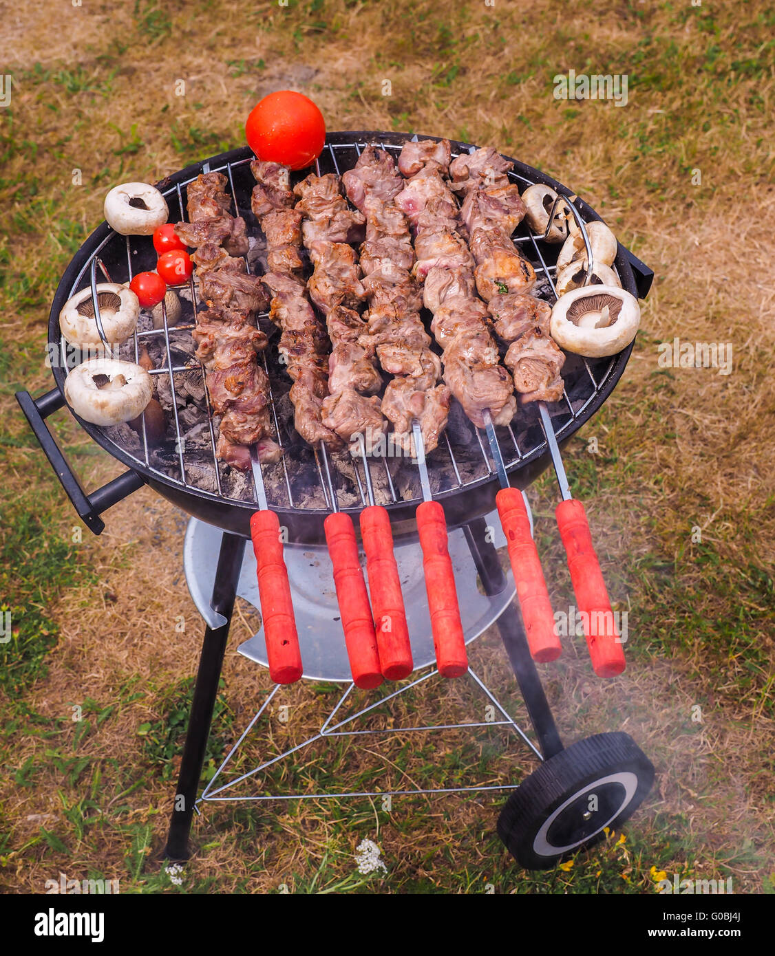 Kebab skewers on barbecue Stock Photo - Alamy