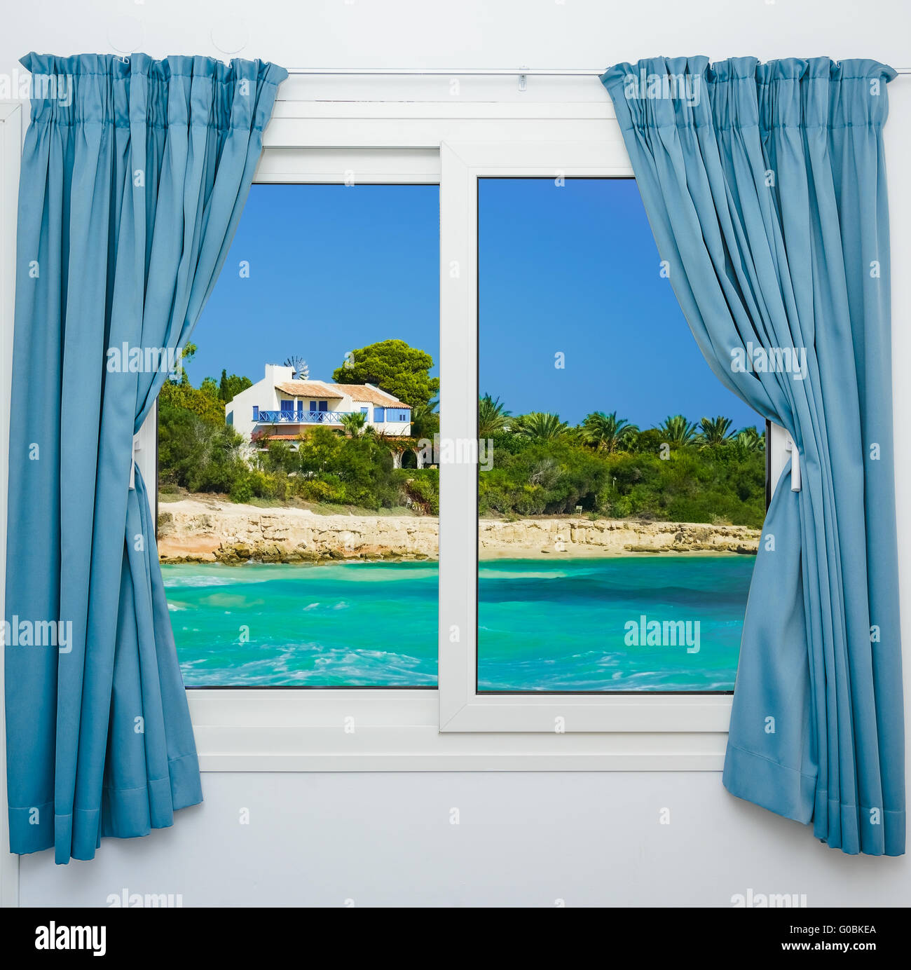 nature landscape with a view through a window with curtains Stock Photo ...