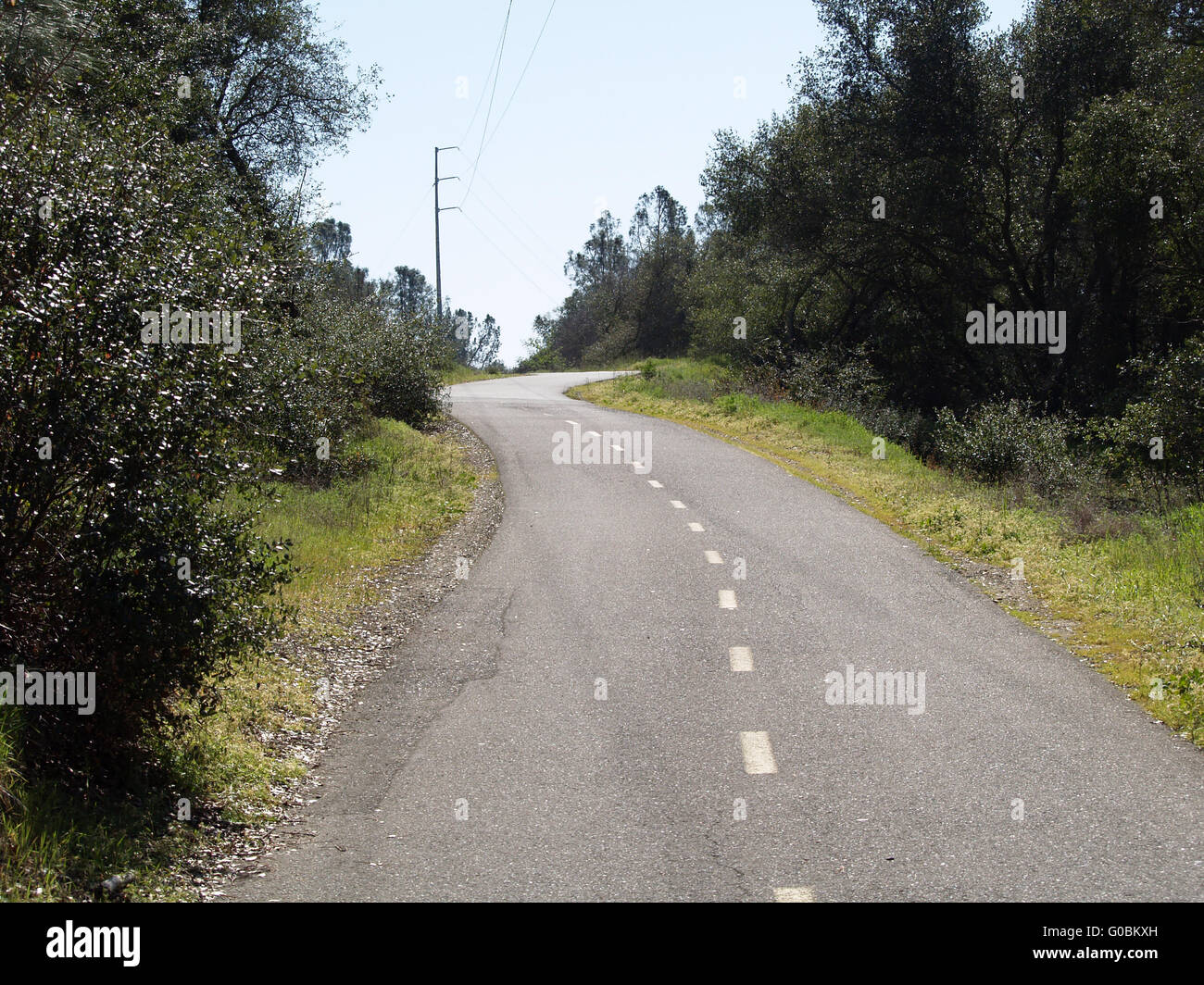 empty bike path lined by trees and bushes going up hill Stock Photo - Alamy