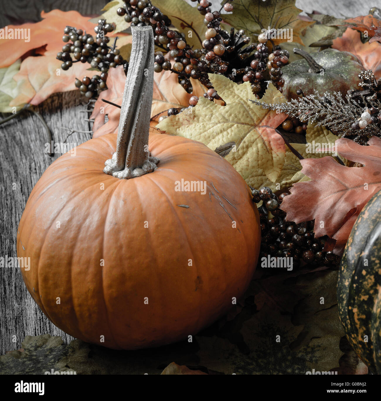 Pumpkin and Fall Leaves on Rustic Wood Background Stock Photo - Alamy
