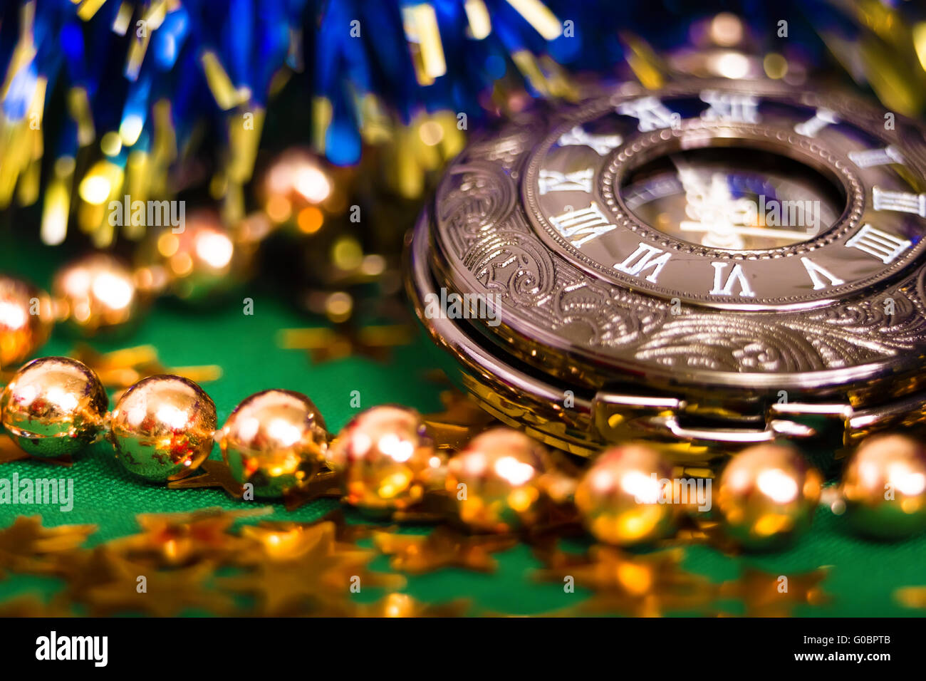 Christmas card. background with a clock and decorations. macro Stock ...