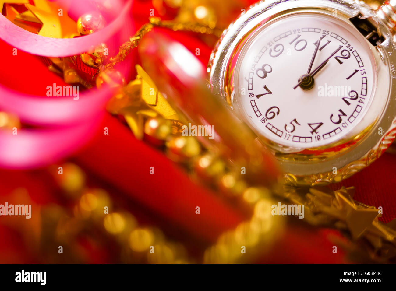Christmas card. background with a clock and decorations. macro Stock ...