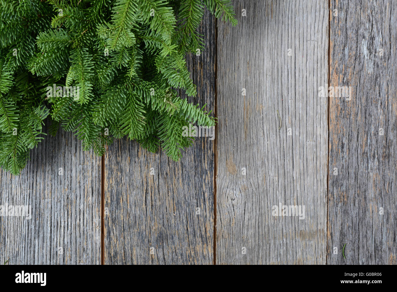 Tree branch on rustic wooden background used for christmas decoration ...