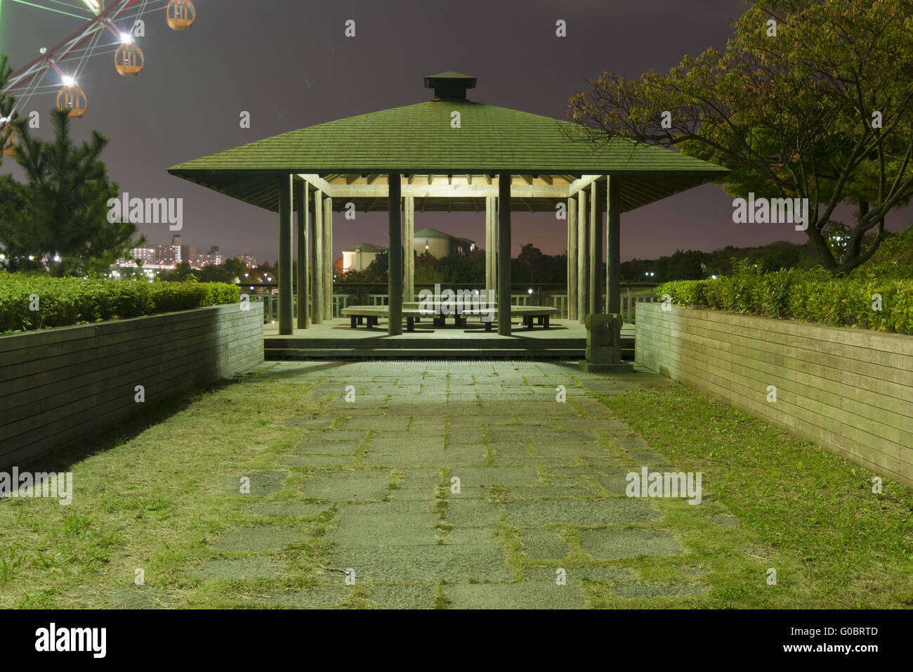wooden arbor in japanese park with night illumination Stock Photo - Alamy