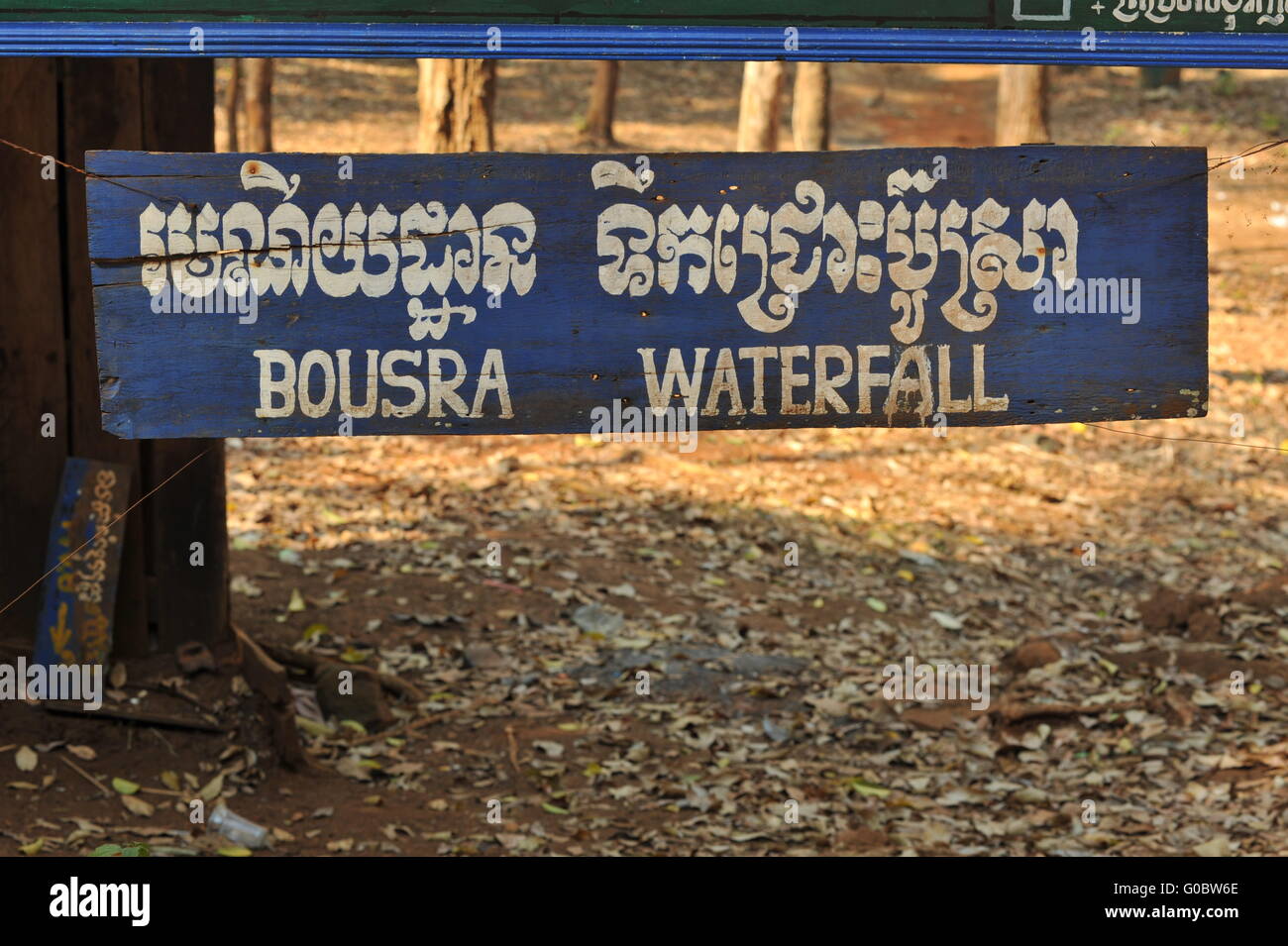 Bilingual "Bousra Waterfall" handmade sign, Mondulkiri Province ...