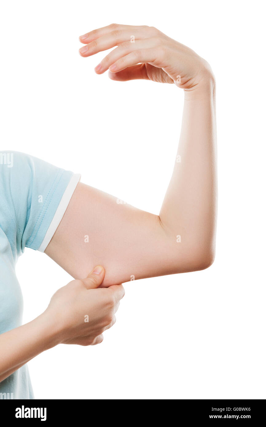 Overweight woman hand holding or pinching weak fla Stock Photo - Alamy