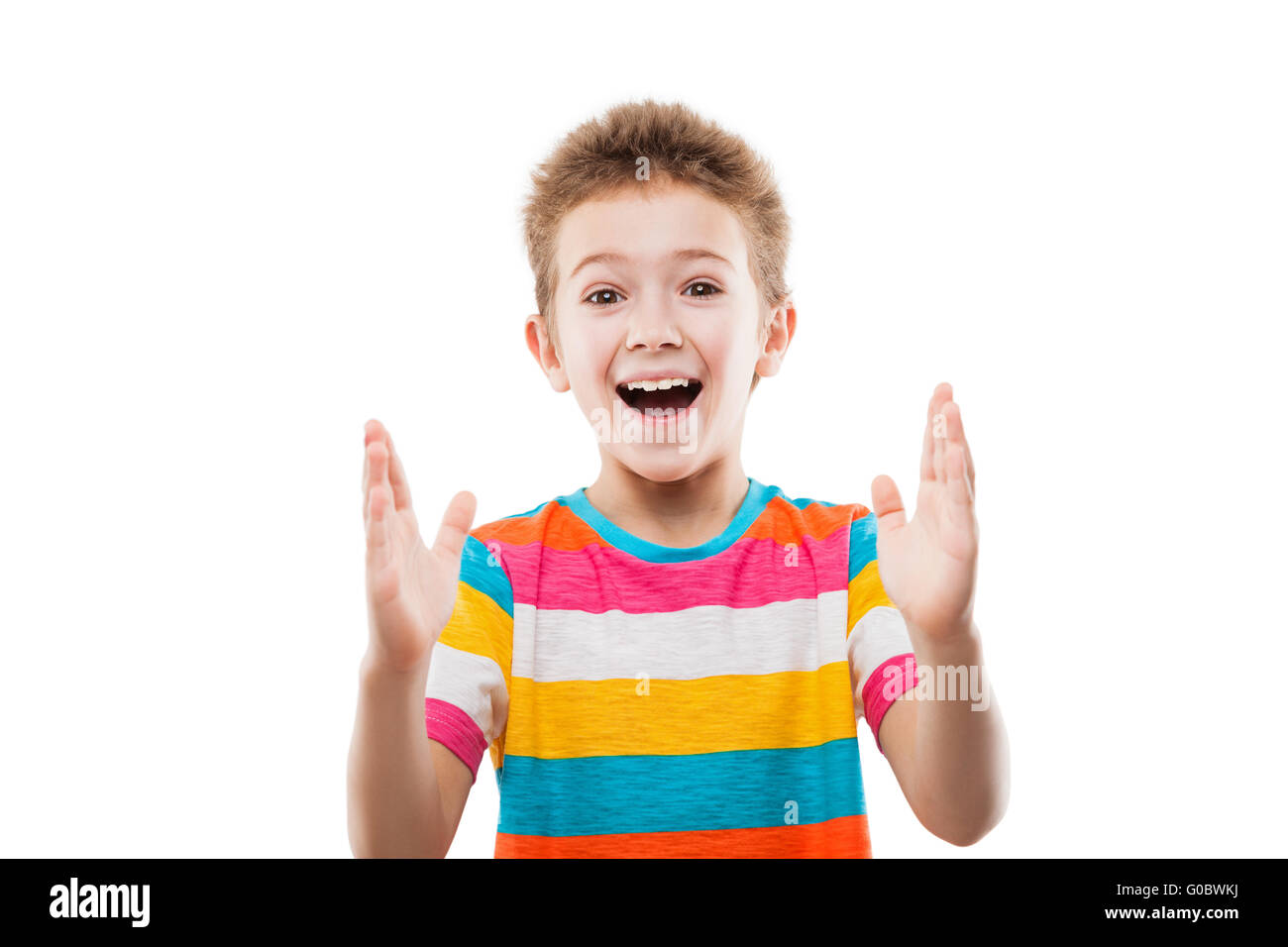 Amazed or surprised child boy showing large size Stock Photo - Alamy