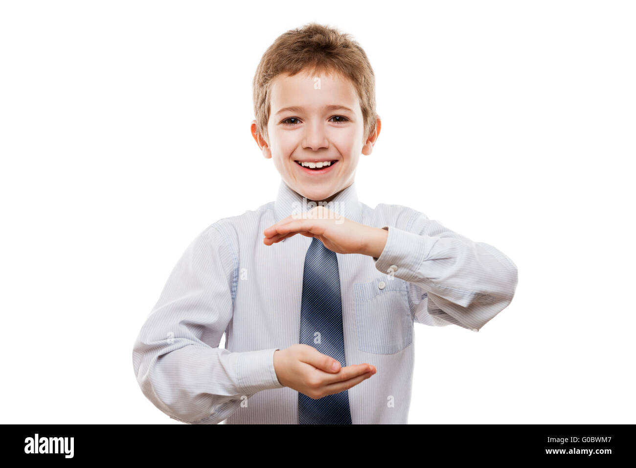 Smiling child boy hand holding invisible sphere or Stock Photo - Alamy