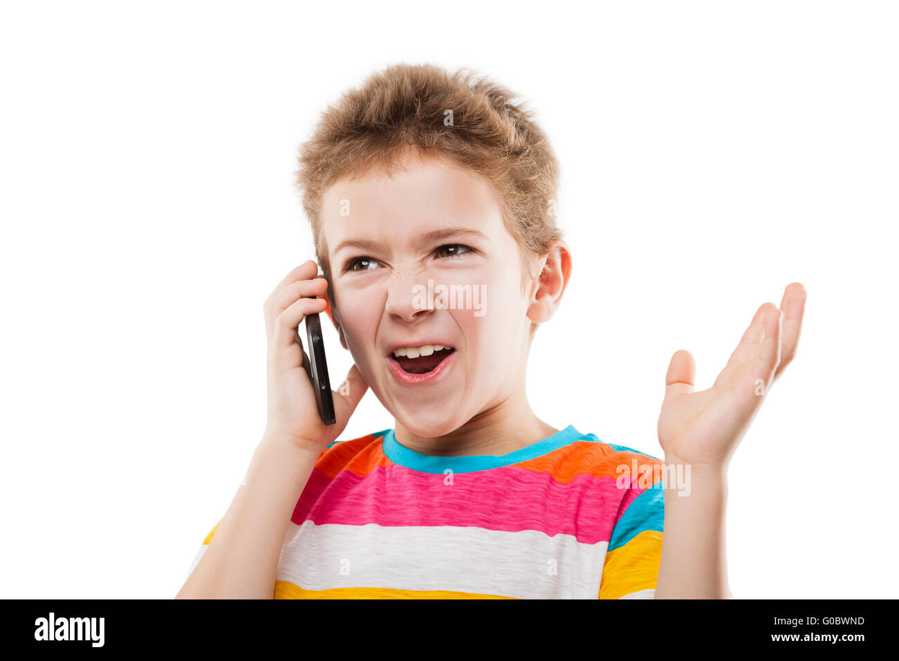 Amazed and surprised child boy talking mobile phon Stock Photo - Alamy