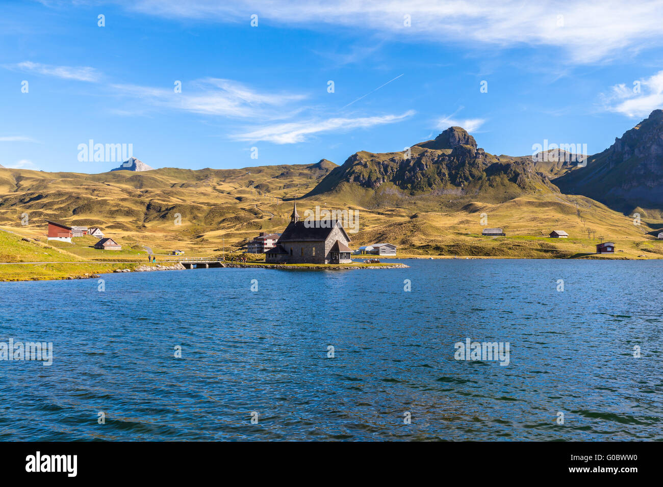 Panorama view of Melchsee lake and the mountain range of Titlis in ...