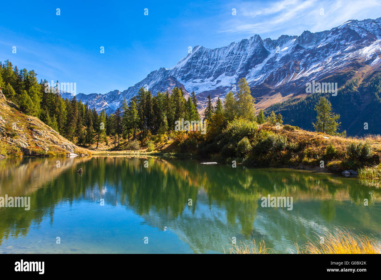 Stunning view of the Alps with reflection in beautiful pond on the ...