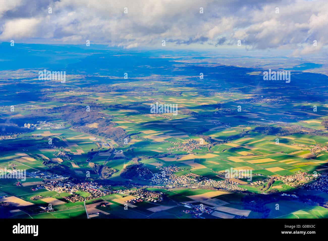 Aerial view of agricultural fields in North Western France with ...