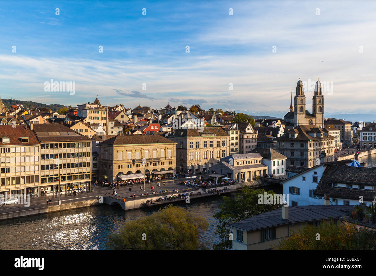 Aerial view of Zurich old town with Grossmunster Church and Limmat ...