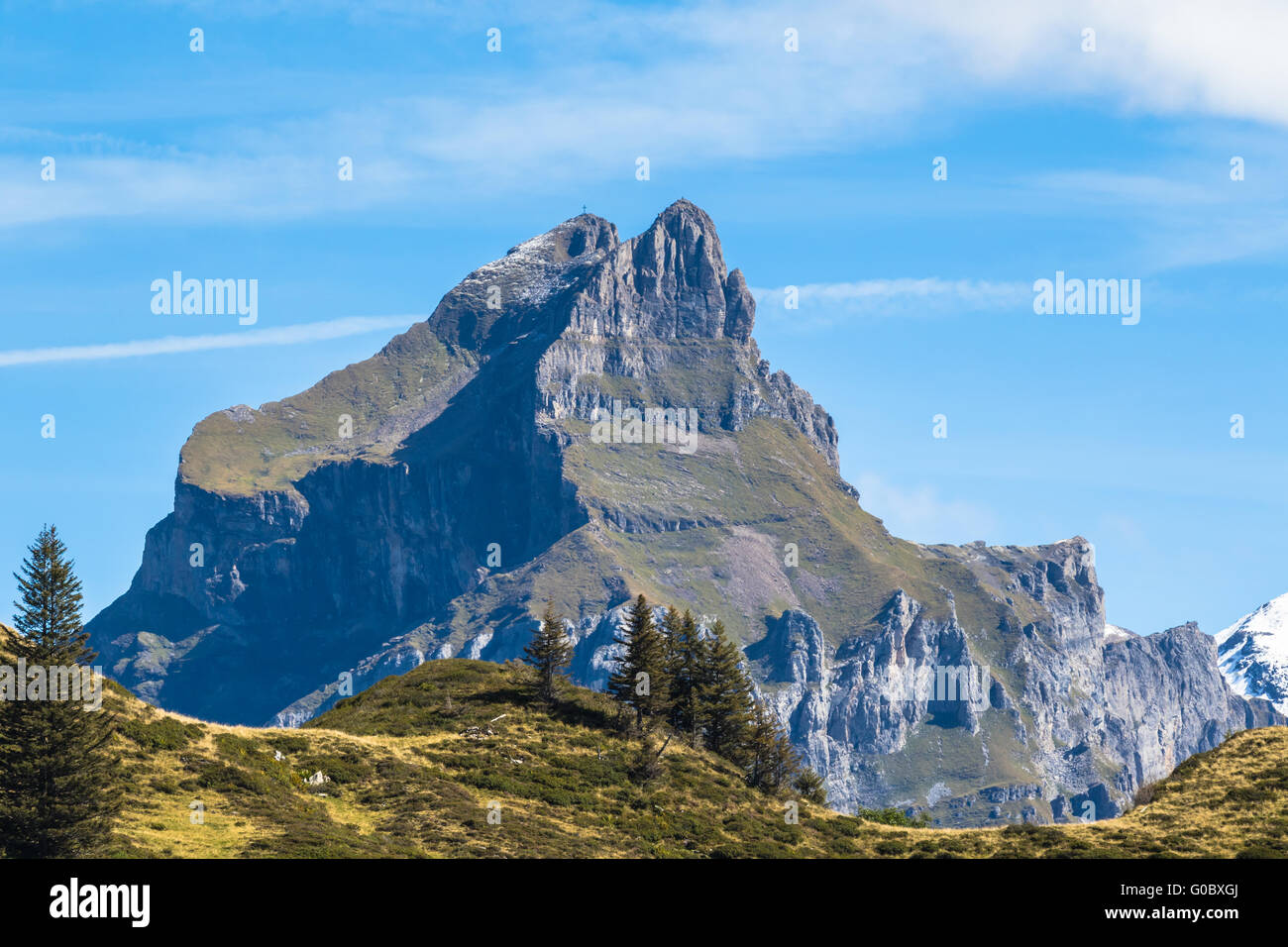Clear view of the peak Hahnen of swiss alps, canton of Nidwalden ...