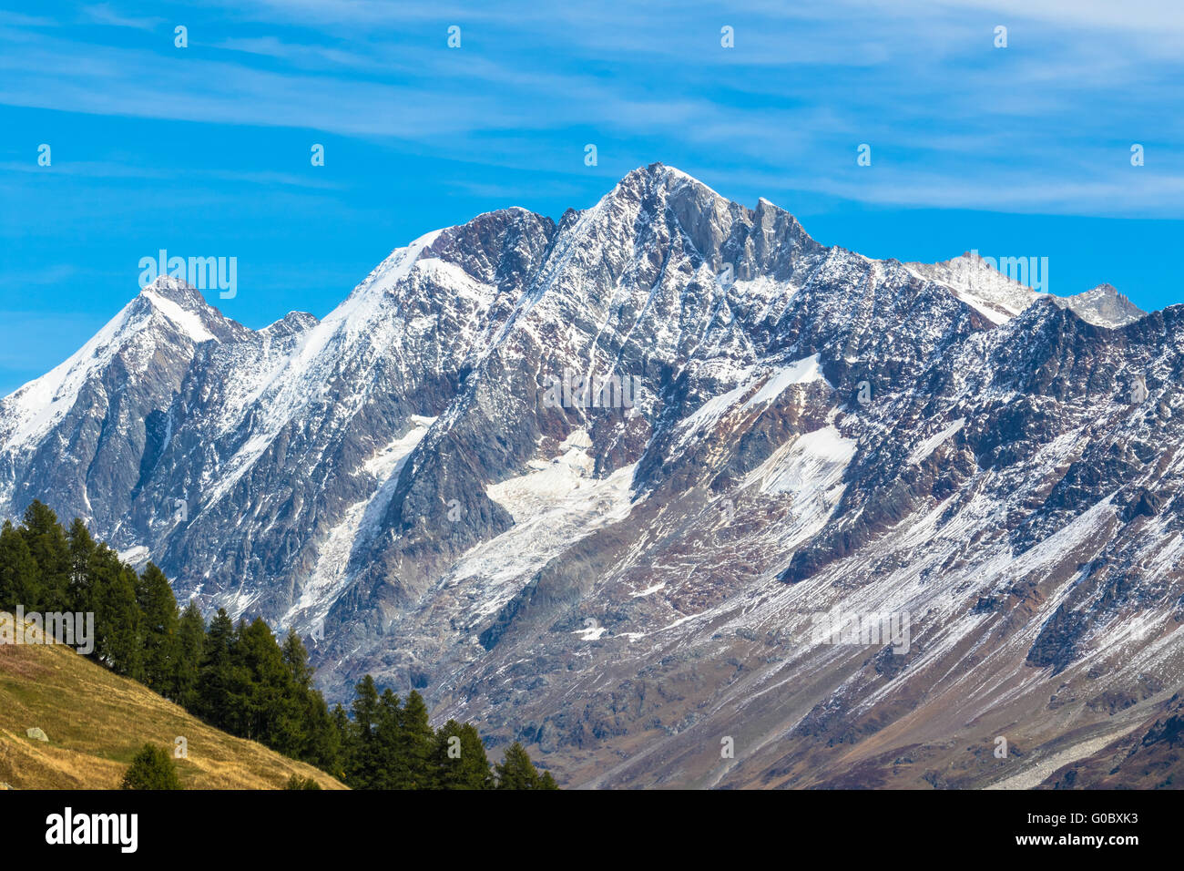 Stunning view of the peak Breithorn above the Loetschental valley in ...