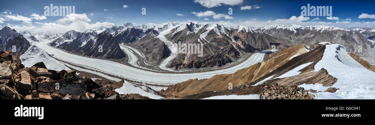 Scenic panorama of Fedchenko glacier in Pamir mountains in Tajikistan ...