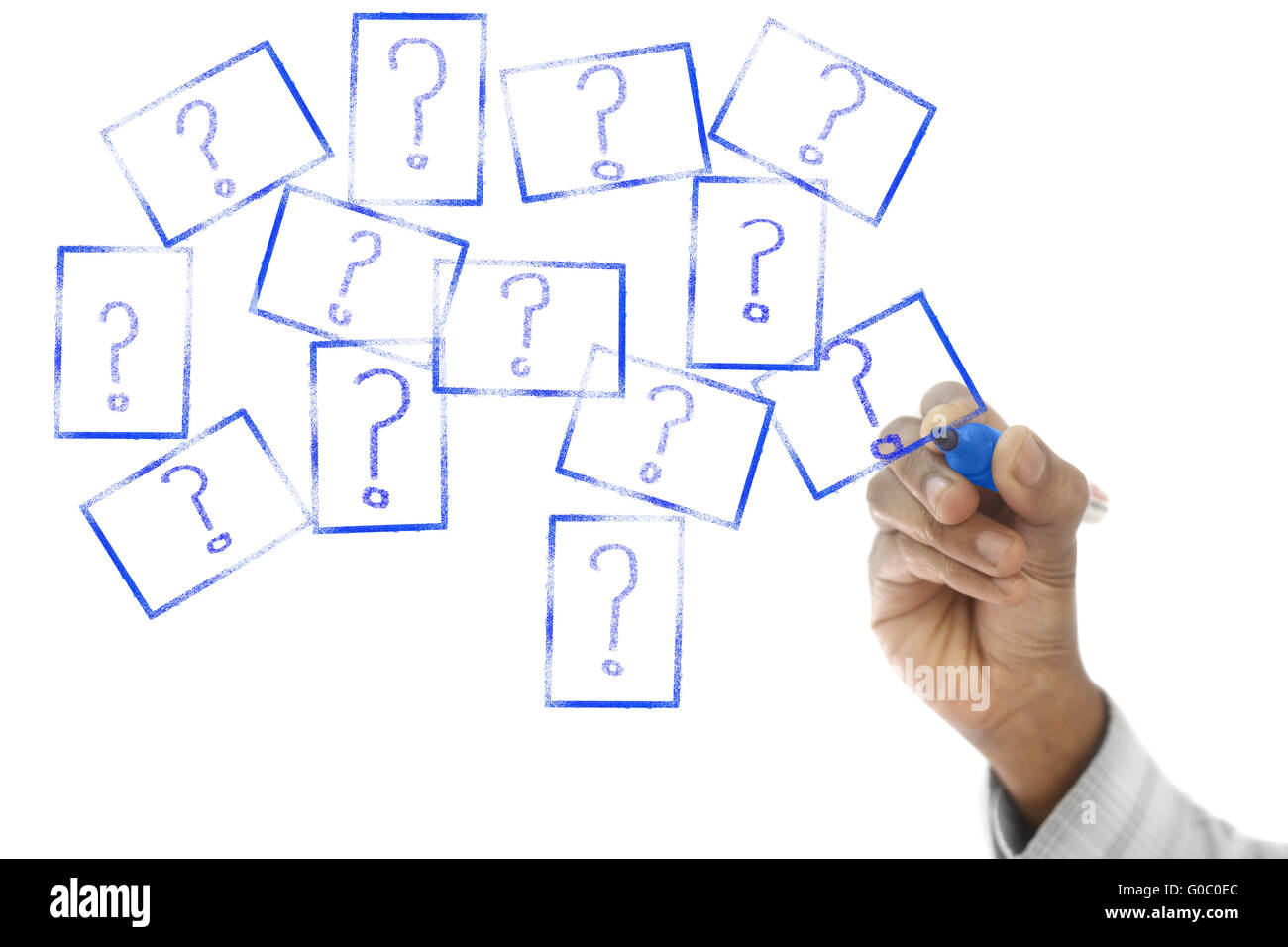 Many Question Marks are drawn on transparent wipe board Stock Photo - Alamy