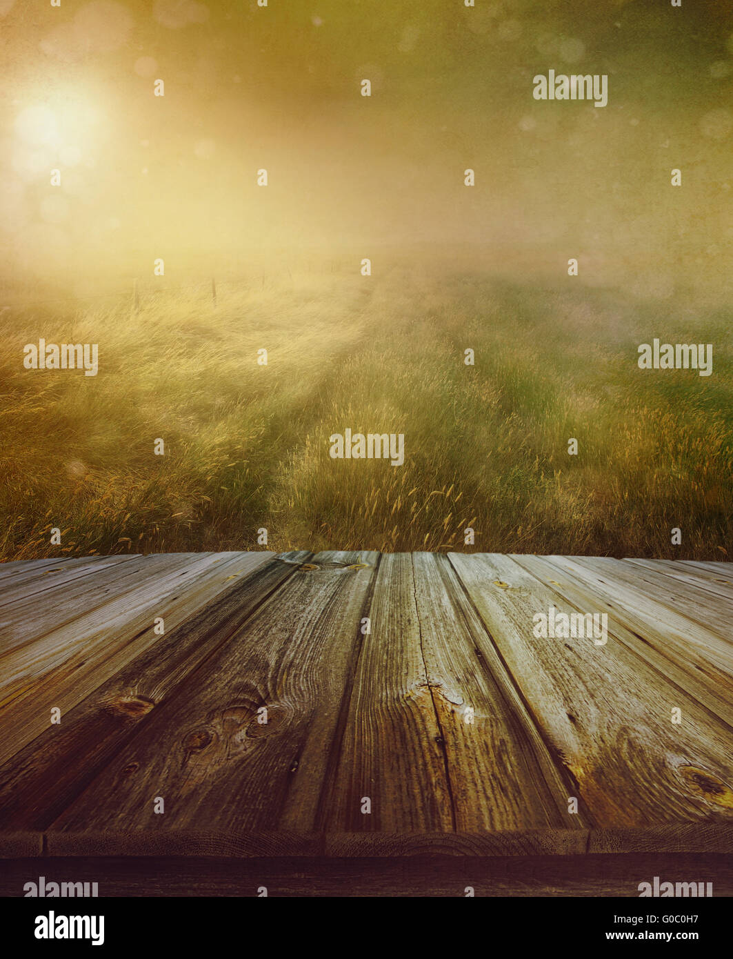 Wood floor with a prairie path in background Stock Photo - Alamy