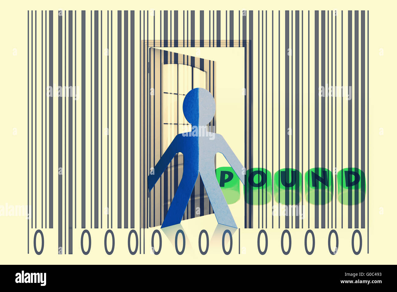 Paperman coming out of a bar code with Pound word Stock Photo - Alamy