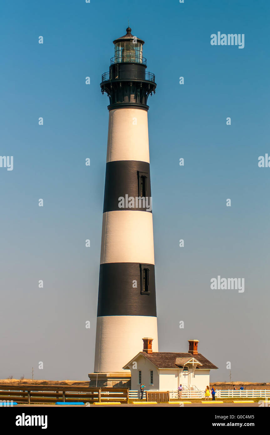Black and white striped lighthouse at Bodie Island on the outer banks ...