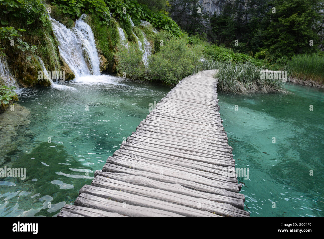 Wooden path and waterfall in Plitvice National Park, Croatia Stock ...