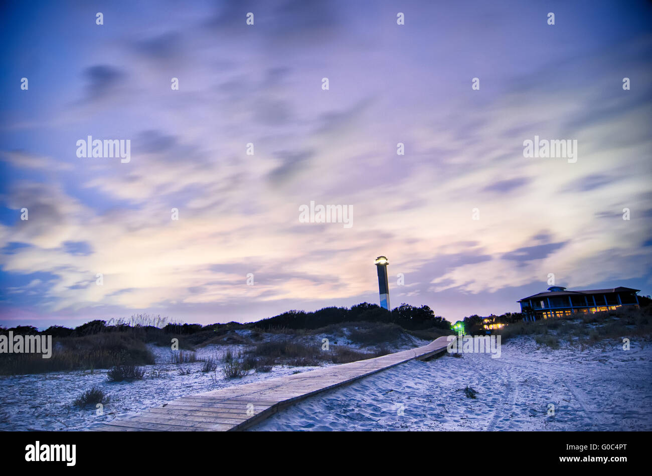 Charleston lighthouse at night located on Sullivan's Island in South ...