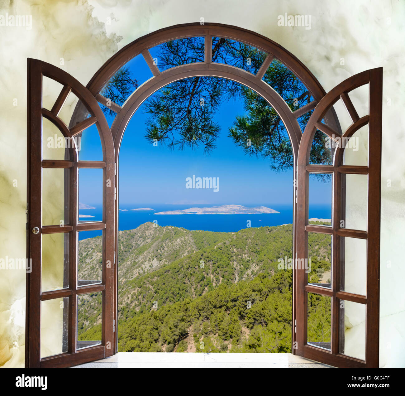 nature landscape with a view through a window with curtains Stock Photo ...