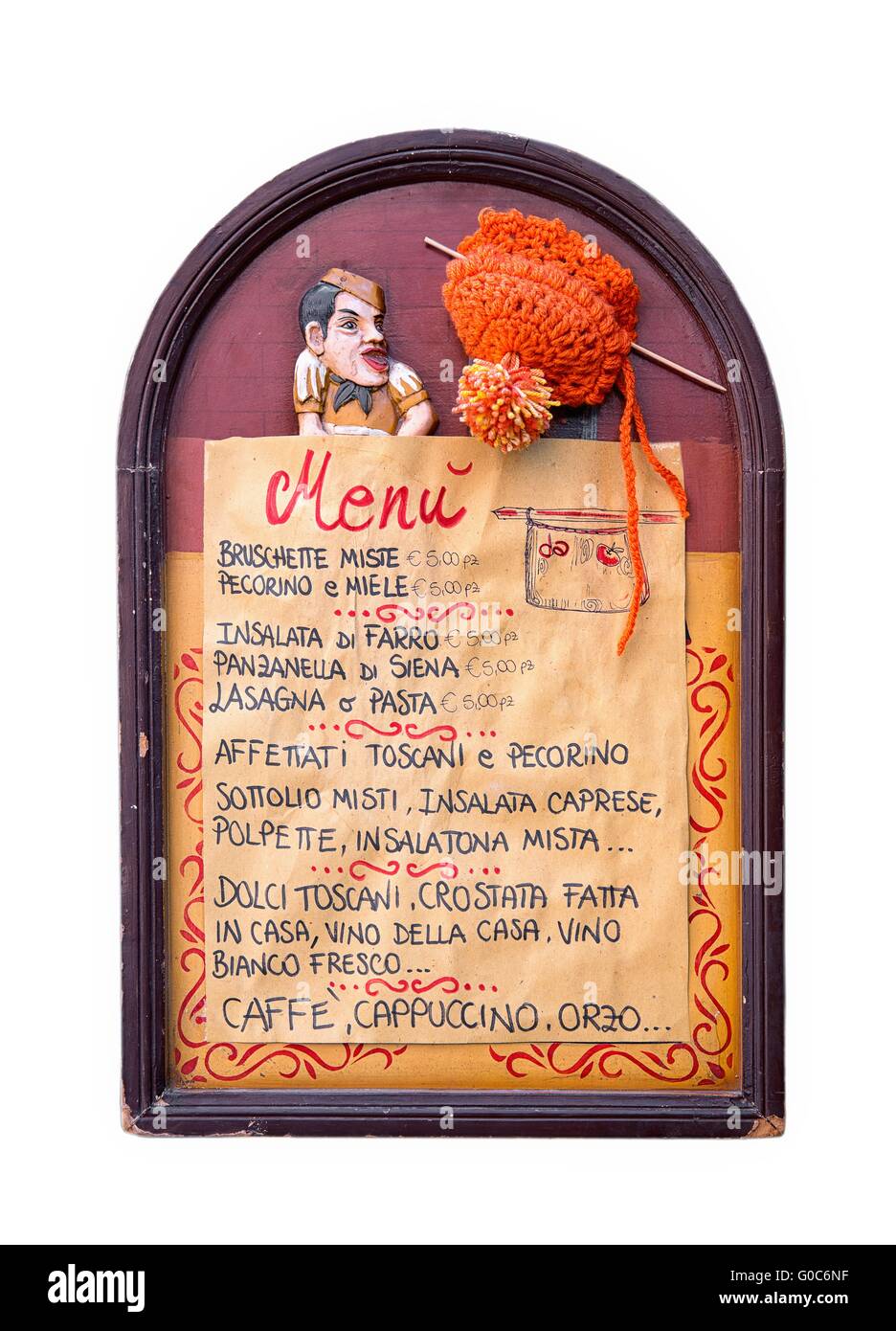 Closeup of a traditional Italian menu sign board on white background ...