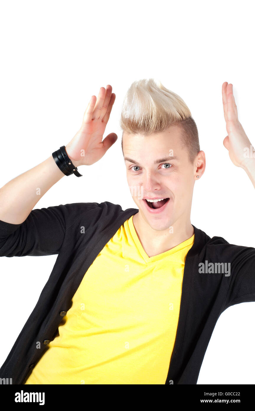 Handsome man with stylish haircut and hands raised Stock Photo - Alamy