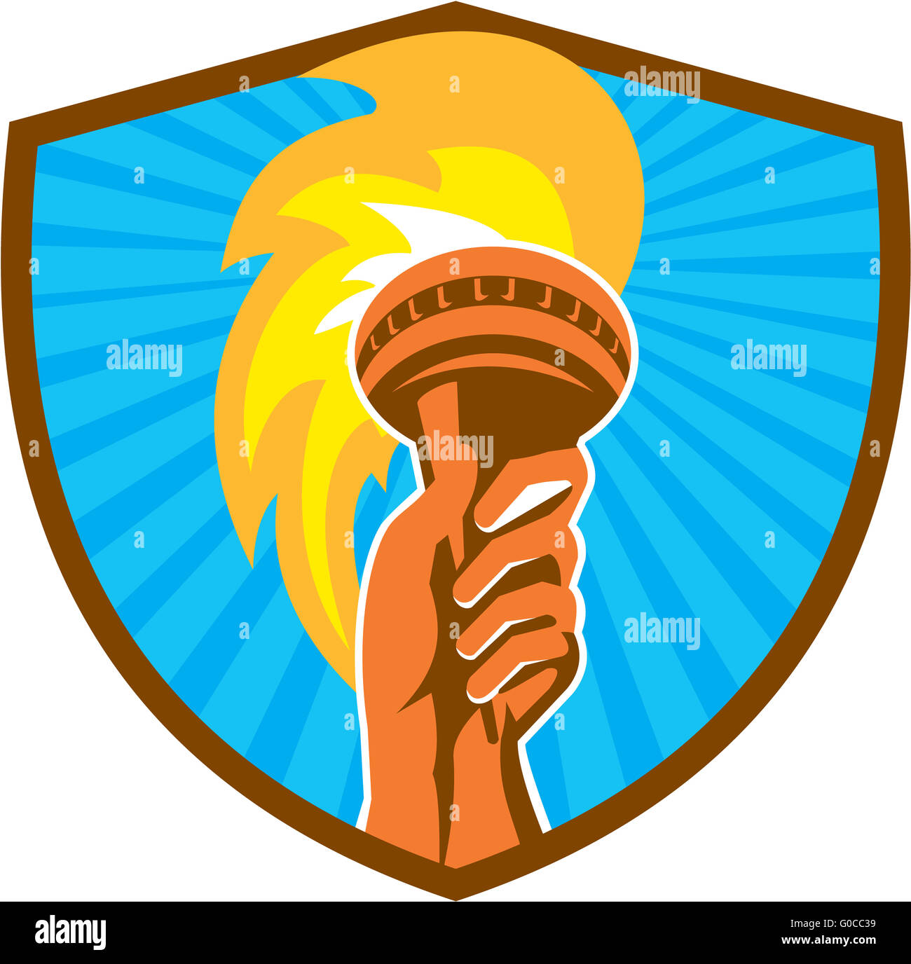 Hand Holding Burning Flaming Torch Shield Retro Stock Photo - Alamy