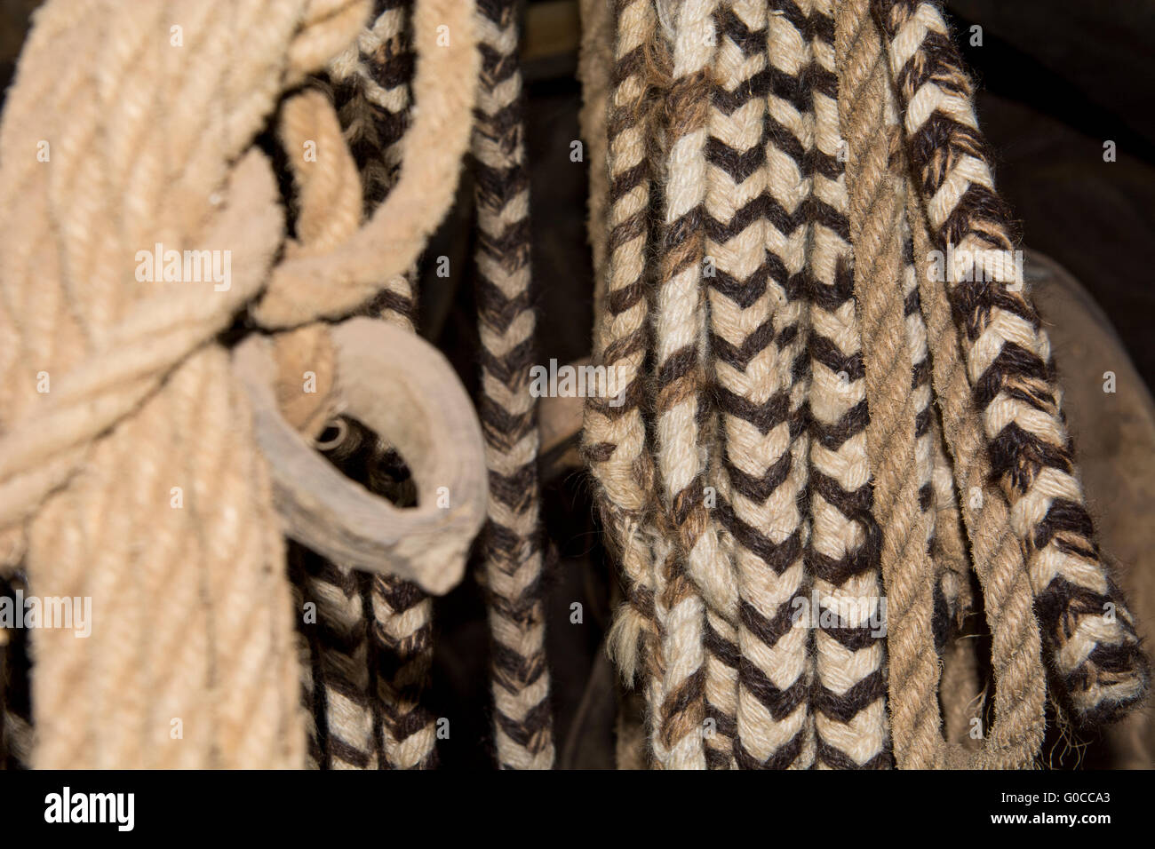 Iceland, Akureyri. Historic turf houses of Laufas. Inside restored turf ...