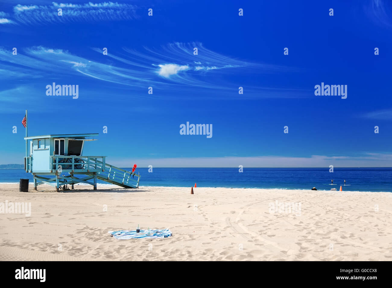 Lifeguard station with american flag on Hermosa beach, California, USA ...