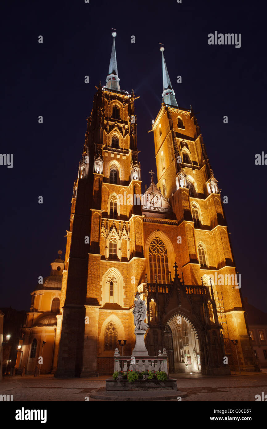 Cathedral of St. John the Baptist at night in Ostrow Tumski, Wroclaw, Poland, Gothic style ...