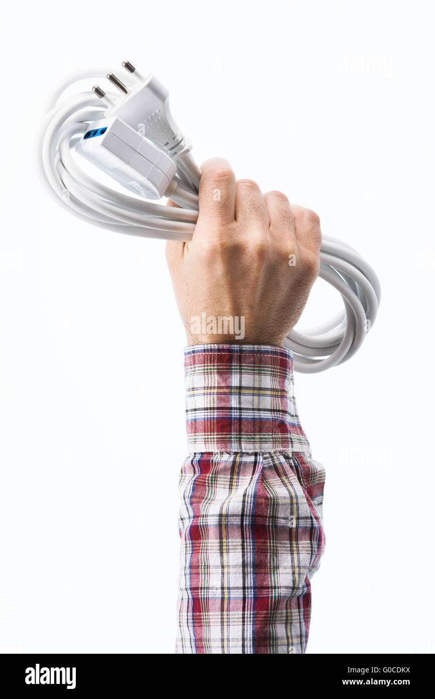 Male hand holding a power cable on white background Stock Photo - Alamy