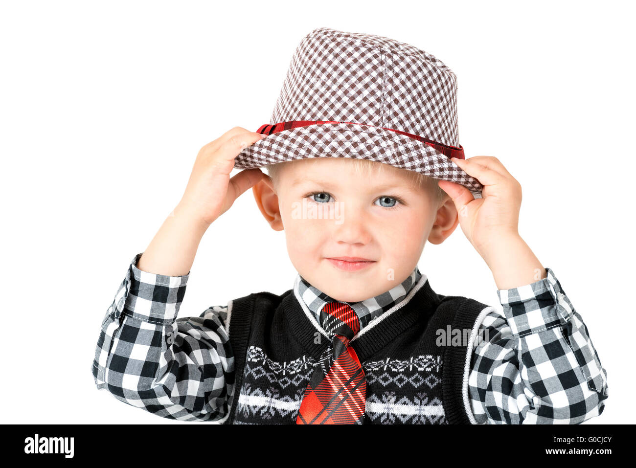 Happy boy in hat studio shot isolated on a white background Stock Photo ...
