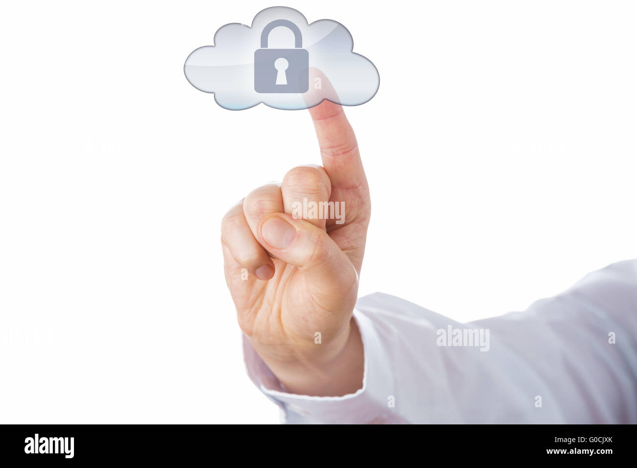 Index Finger Touching Lock Icon In Cloud Button Stock Photo - Alamy